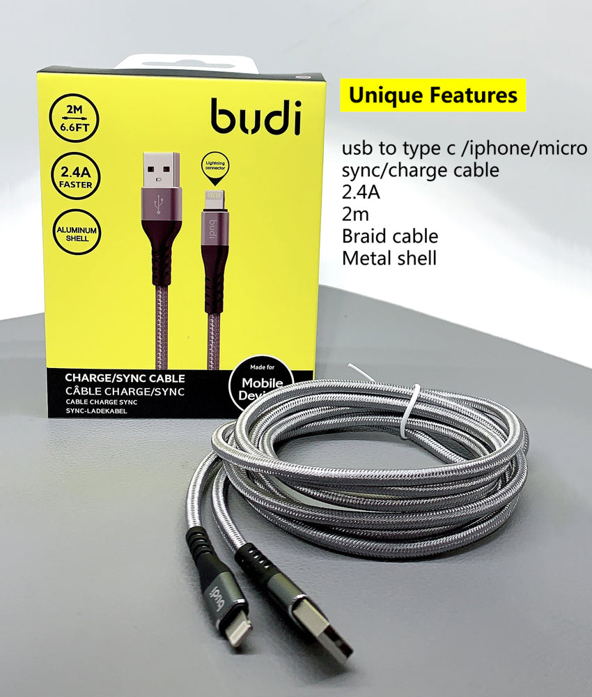 BUDI 2m LIGHTNING CABLE- Black - Speedy Phone Repairs