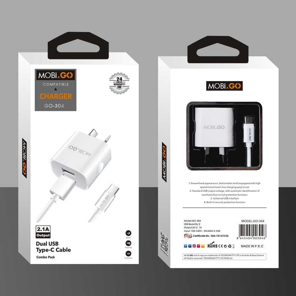 MOBI GO DUAL USB FAST HOME CHARGER WITH TYPE C CABLE - Speedy Phone Repairs